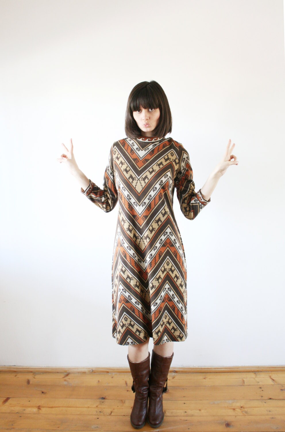 Native Print Midi Dress Aztec Pattern Dress Brown Colors Neckline ...