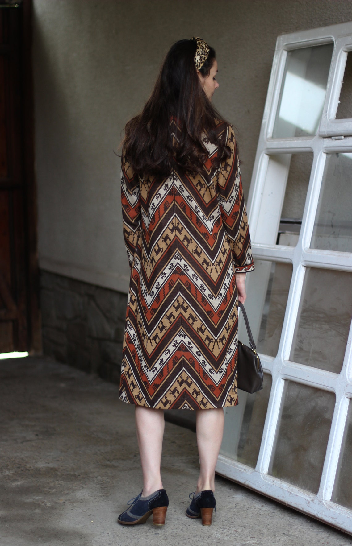 Native Print Midi Dress Aztec Pattern Dress Brown Colors Neckline ...