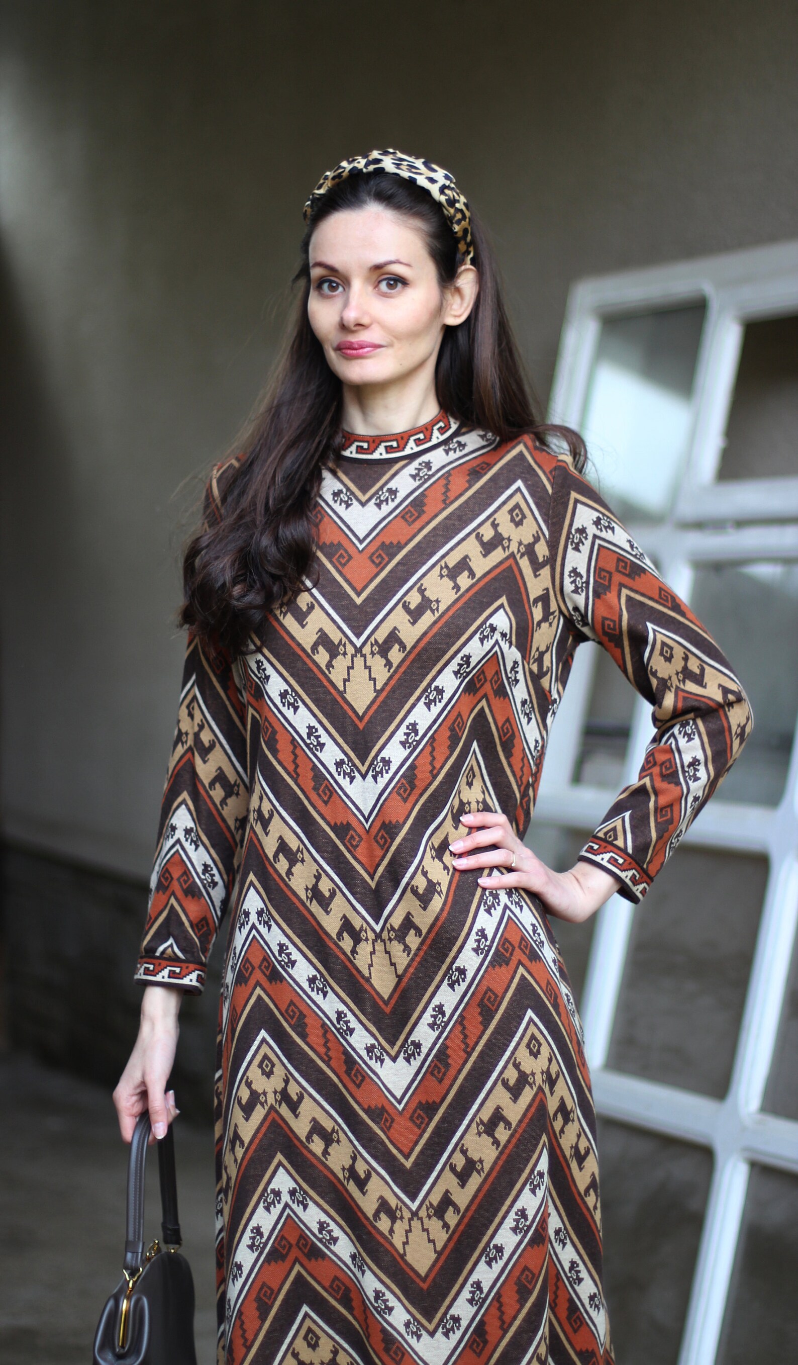 Native Print Midi Dress Aztec Pattern Dress Brown Colors Neckline ...