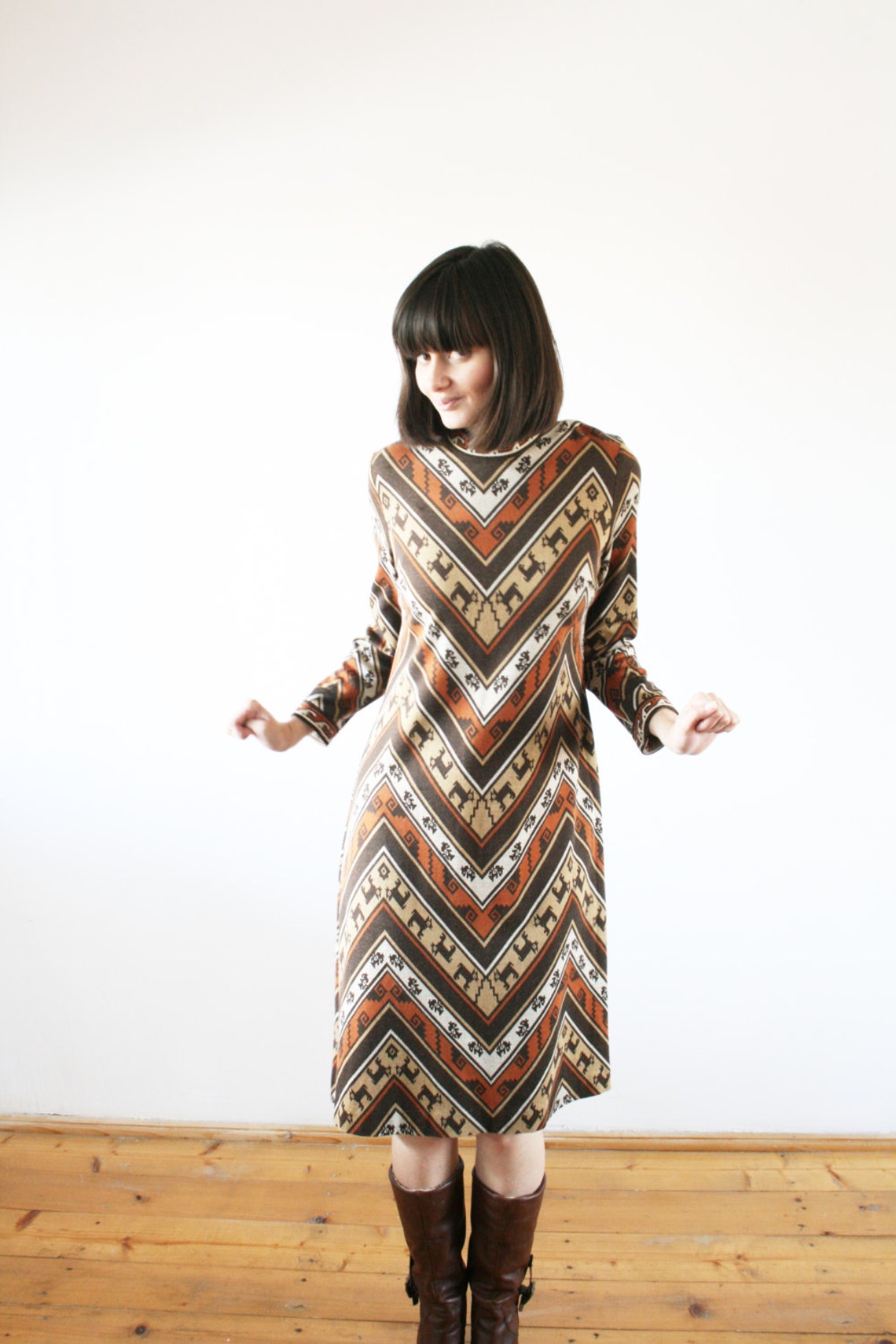 Native Print Midi Dress Aztec Pattern Dress Brown Colors Neckline ...