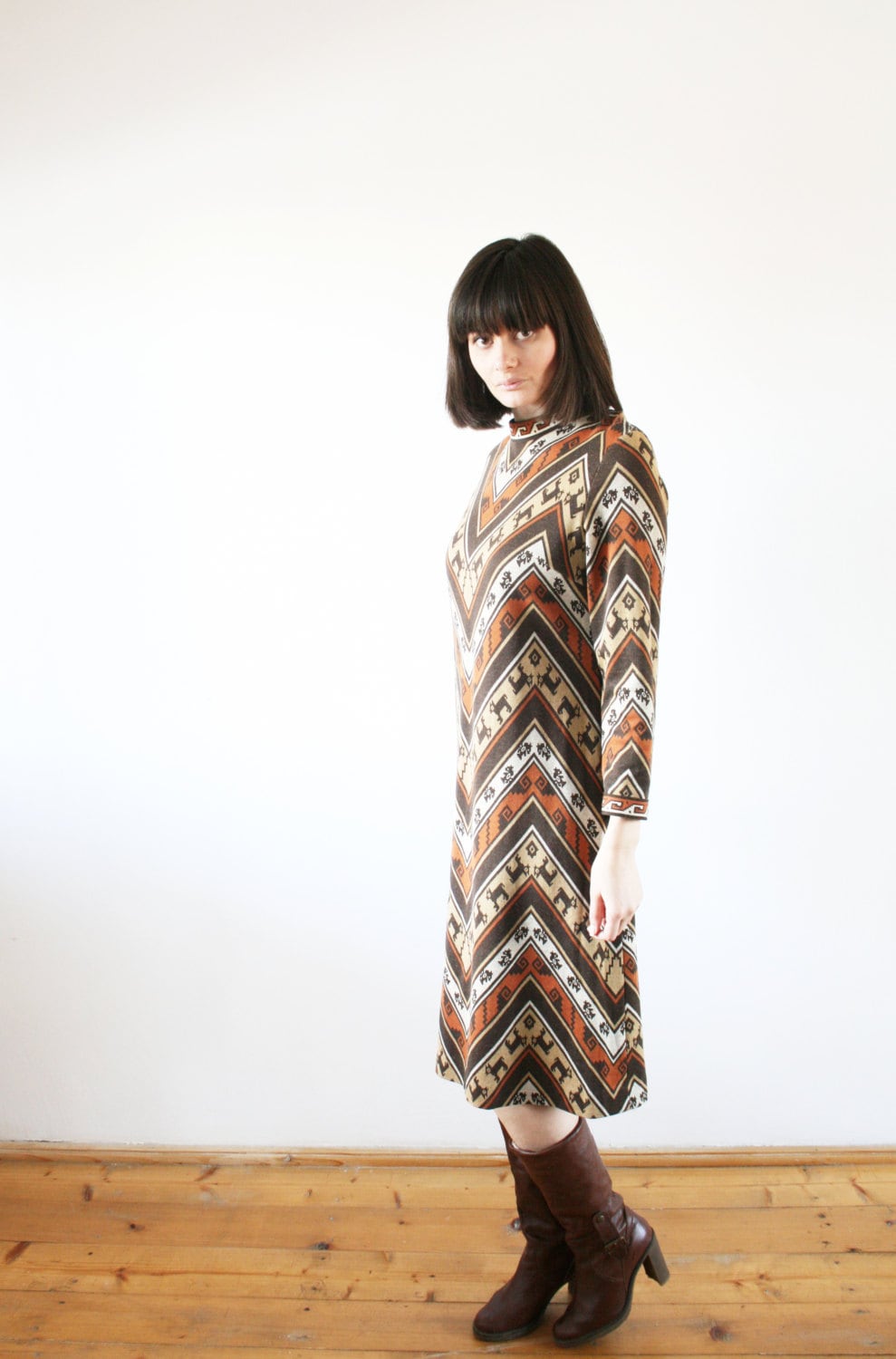 Native Print Midi Dress Aztec Pattern Dress Brown Colors Neckline ...
