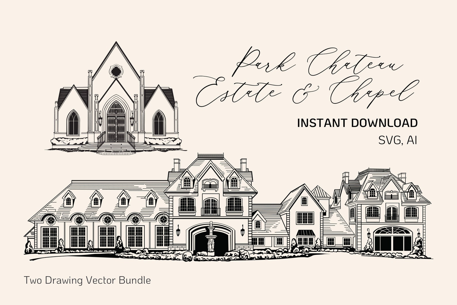 Park Chateau Estate & Chapel Line Art Illustration (digital Download ...