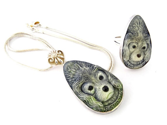 Vintage Ladies Carved Bone Dog Face Pendant Necklace … - Gem