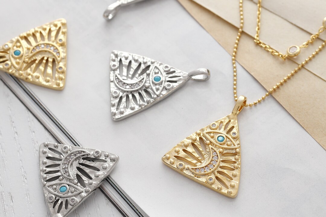 Evil Eye Triangle Pendant W/ CZ, Brass, CZ, Glass, Nickel Free, Bold ...