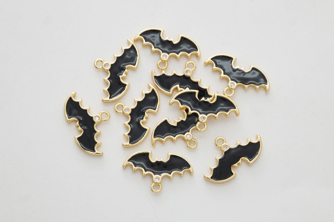 Halloween Bat Charm, 16k Gold Plated Brass, Epoxy, Cubic Zirconia ...