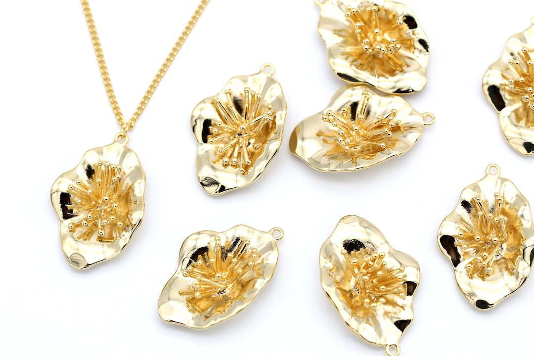 Big Flower Pendant, 27x20mm, 8mm Thick, 16K Gold Plated Brass, Nickel ...