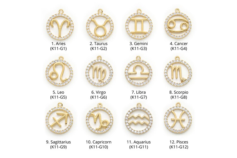 Round Cubic Zodiac Set, K11-G13, 1 Set (12 Pcs), 14x12mm, 16k Gold ...