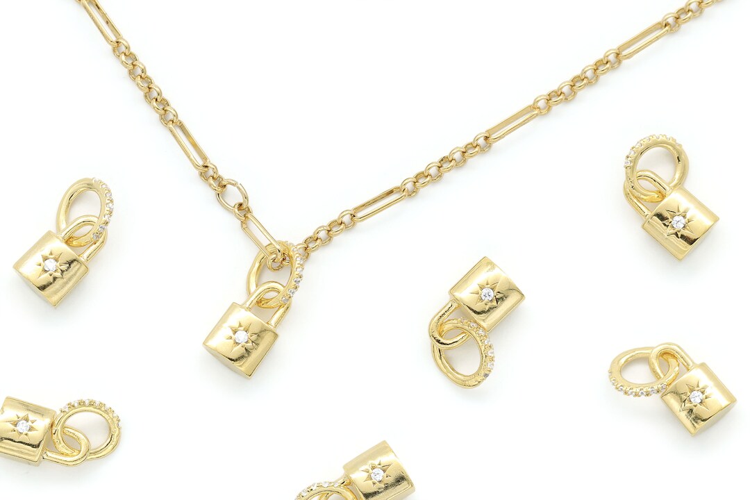 Star CZ Padlock W/ CZ Ring, 11x7mm Excluding 8mm Ring, 16K Gold Plated ...
