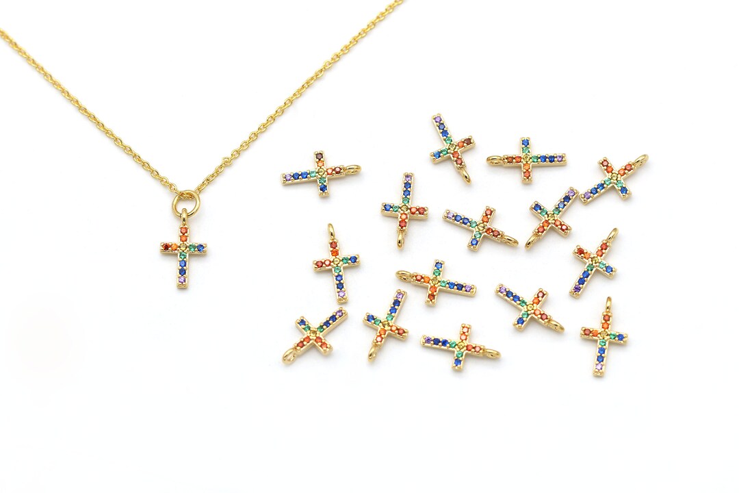 Rainbow CZ Cross Charm, Q4-R1, 2 Pcs, 12x7mm, 16K Gold Plated Brass ...