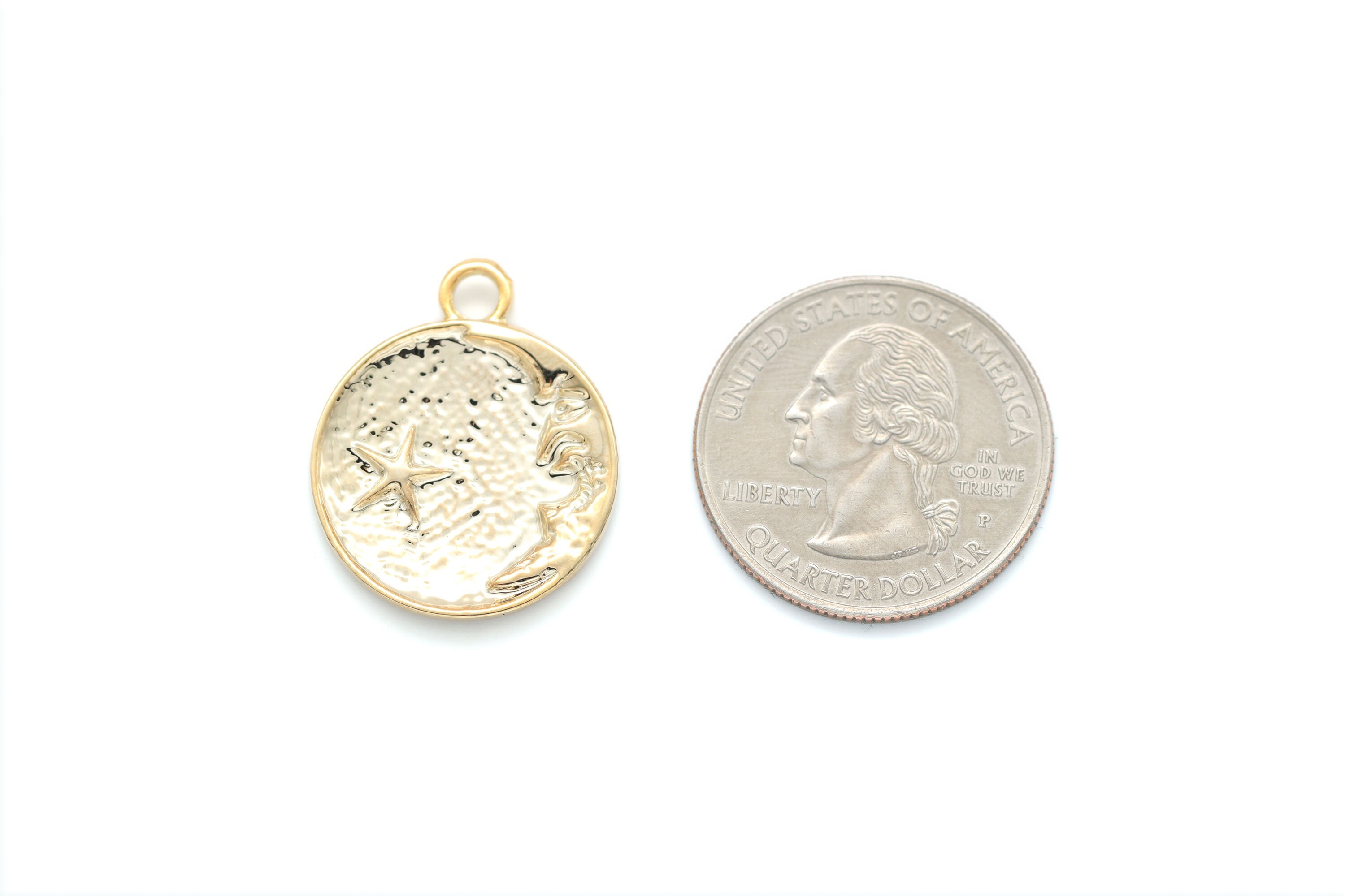 Moon and Star Coin Pendant, O3-P6, 2 Pcs, 21mm, 1.8mm Thick, 2.9x3mm ...