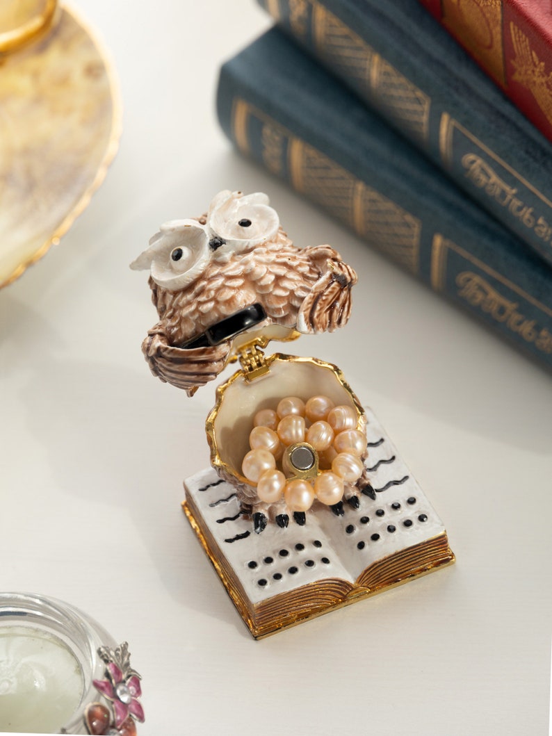 Owl Reading a Book Trinket Box Animal Figure Handmade Decorated Artwork ...