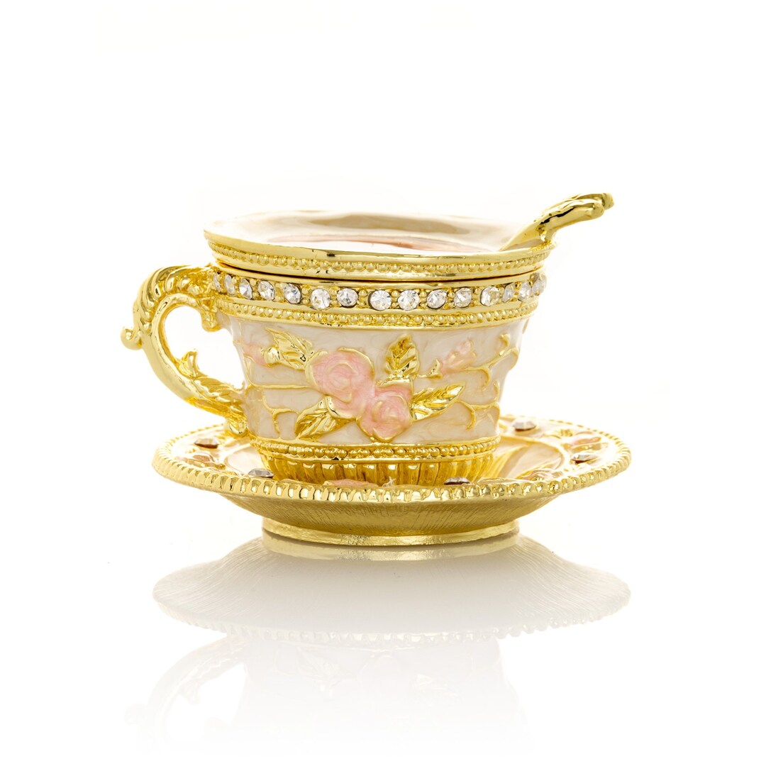 Golden Tea Cup With Pink Roses Faberge Styled Trinket Box Handmade by ...