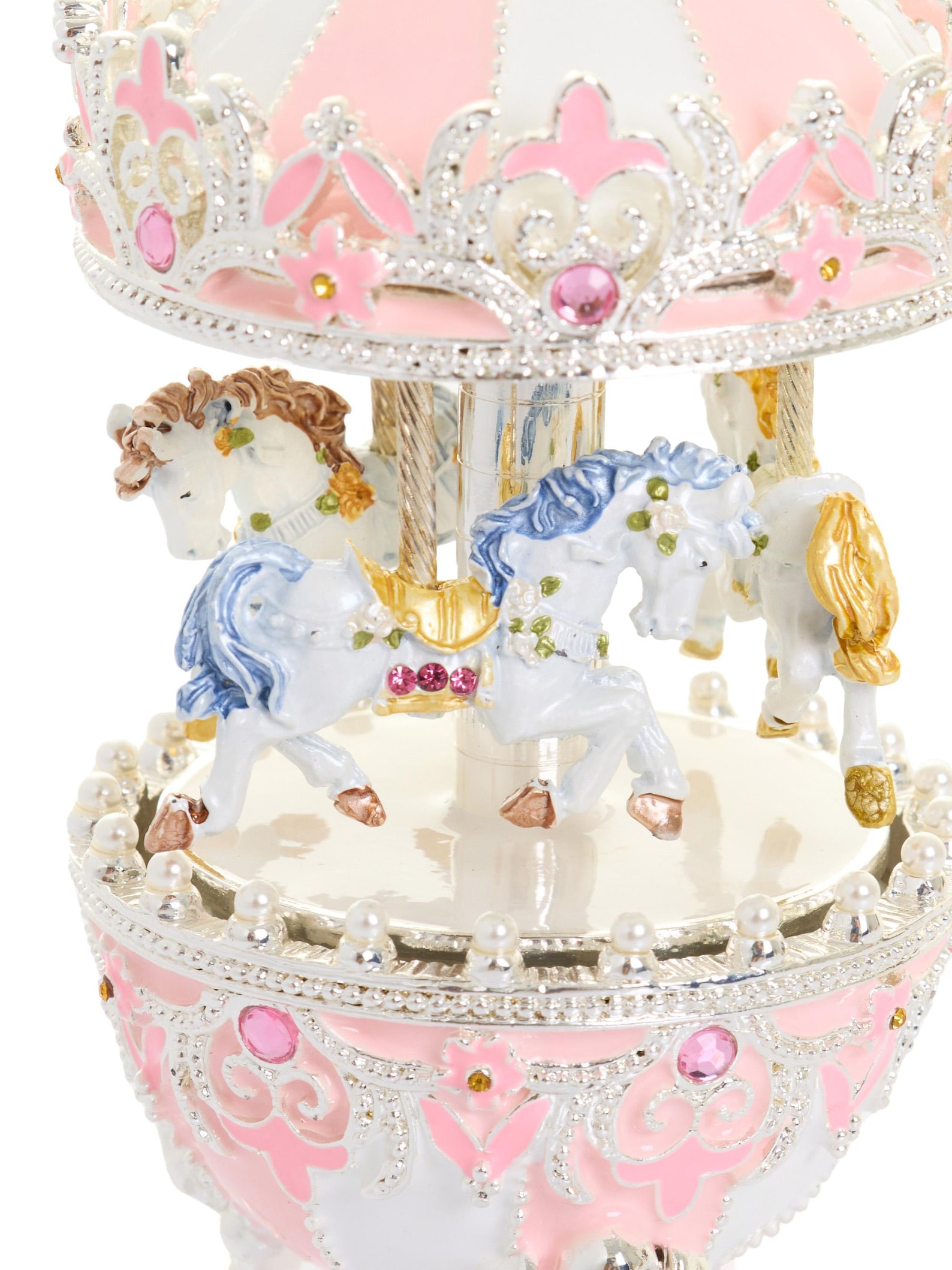 Pink Carousel Spinning Music Playing With White Royal Horses With ...