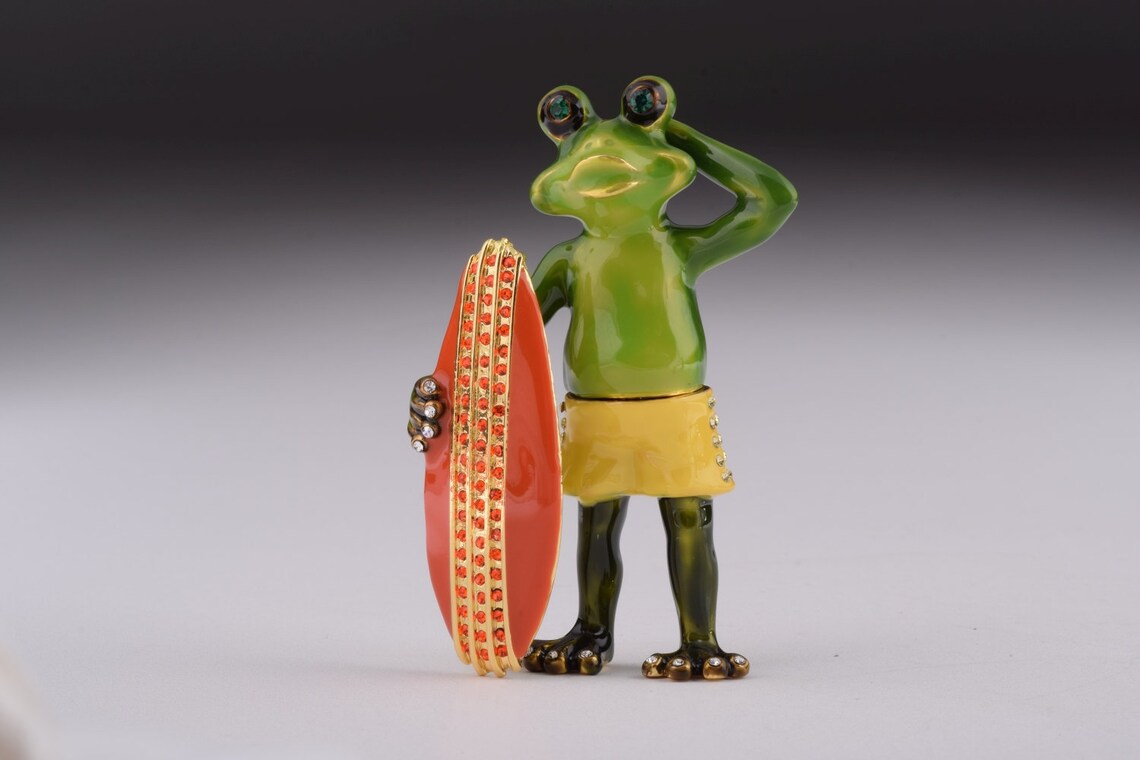 Frog Holding a Surfboard Figurine Faberge Style Trinket Box Handmade ...