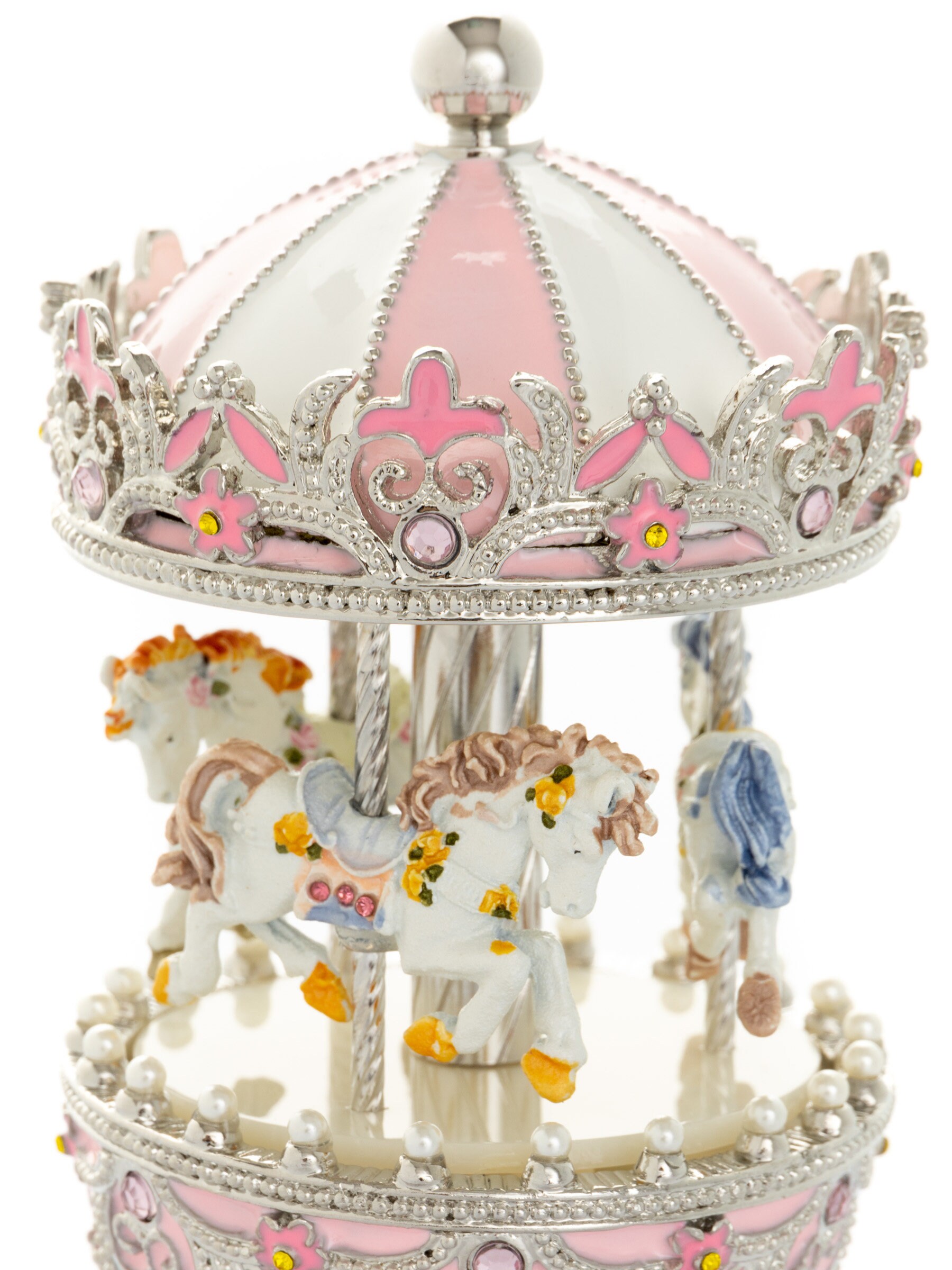 Pink Carousel Spinning Music Playing With White Royal Horses With ...