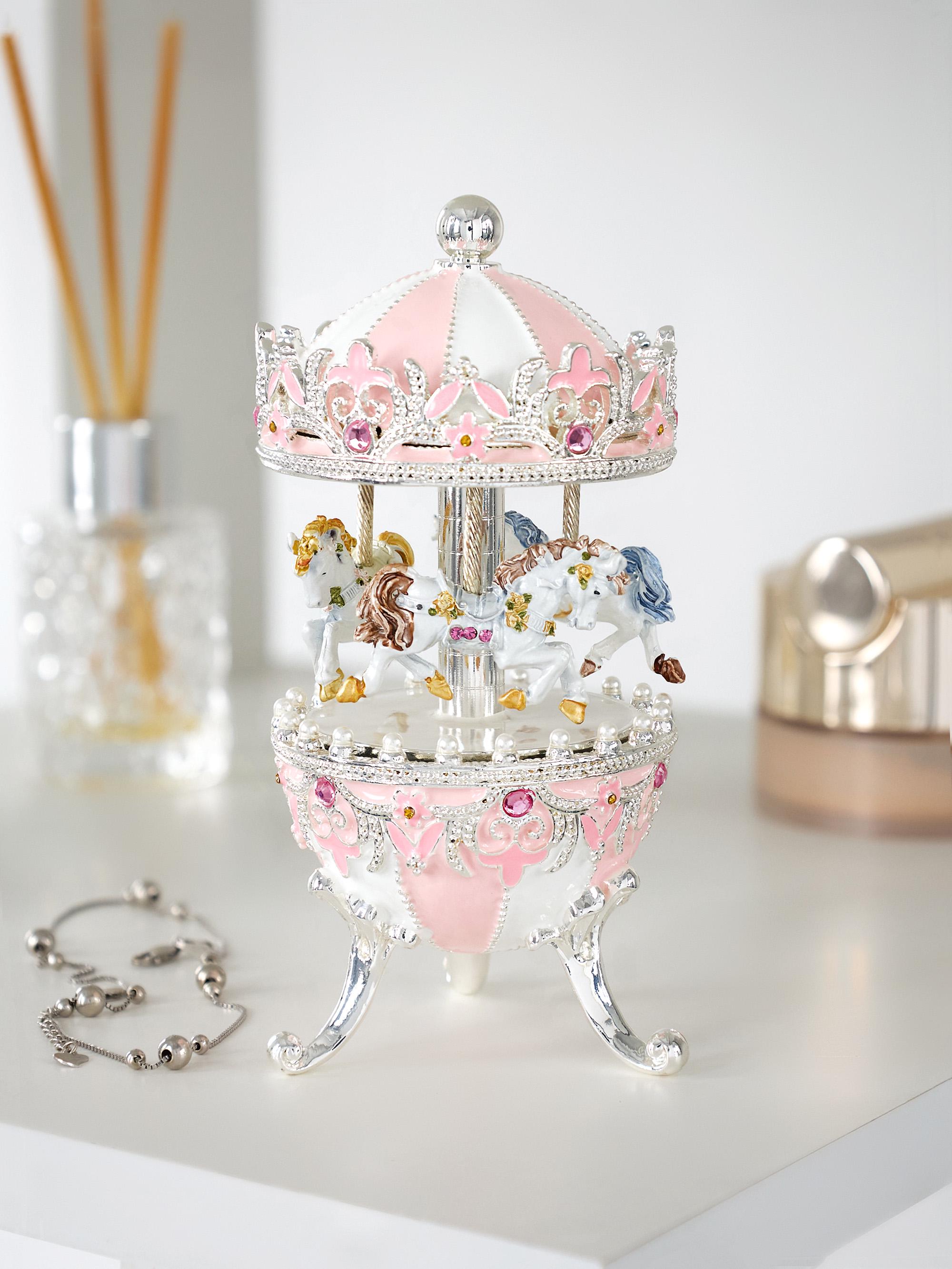 Pink Carousel Spinning Music Playing With White Royal Horses With ...