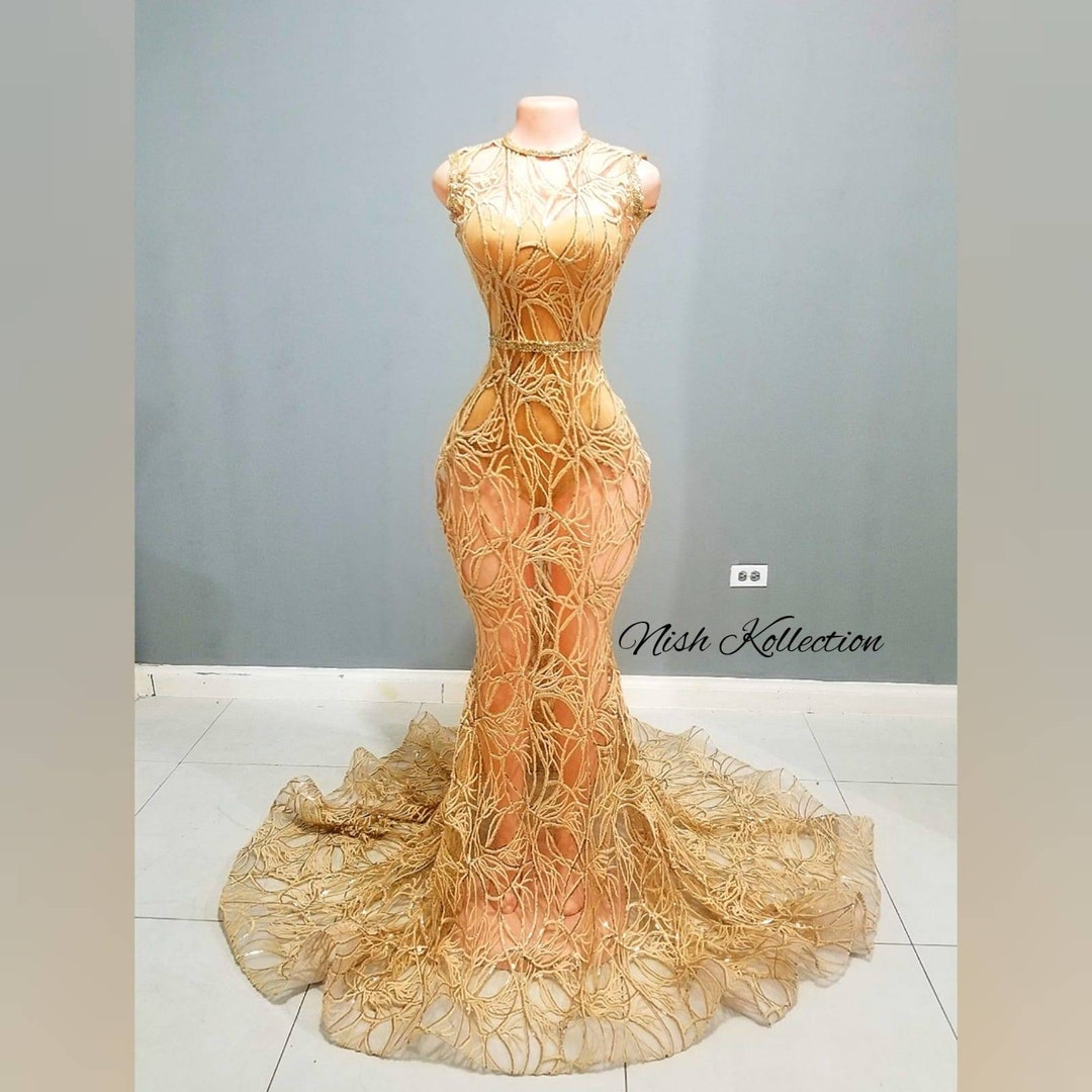 SPIDER WEB GOWN Custom Gold Prom Mermaid Gown/dress Wedding Reception ...
