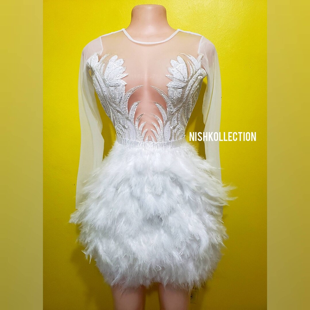 WHITE SABRINA SEQUIN Lace Feather Mini Dress Prom Party New - Etsy