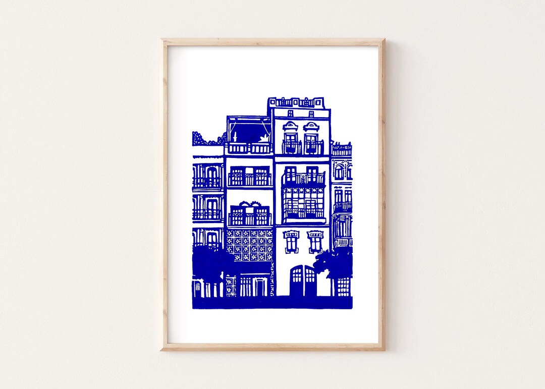 A3 Seville City Linocut Poster - Original Handmade Print - Blue Color ...
