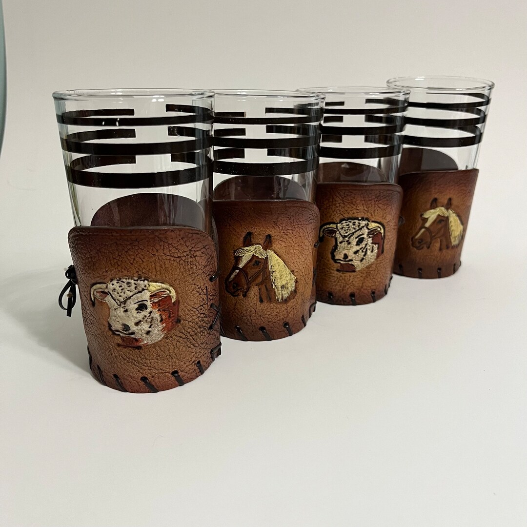 Libbey Bamco? Western Theme Tumblers Glasses Leather Holder - Set of 4 ...