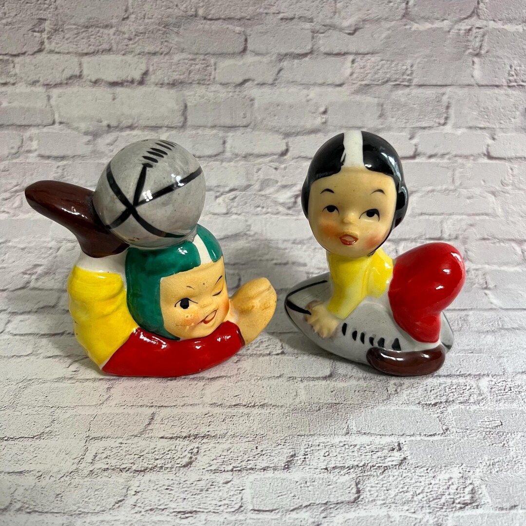 Boys Playing Football Player Salt and Pepper Shakers Ceramic Made in ...