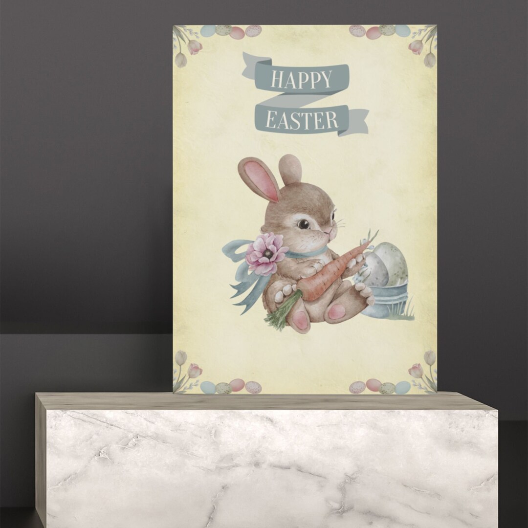Happy Easter Printable Art, Bunny Carrot Eggs Easter Print, Cute Bunny ...