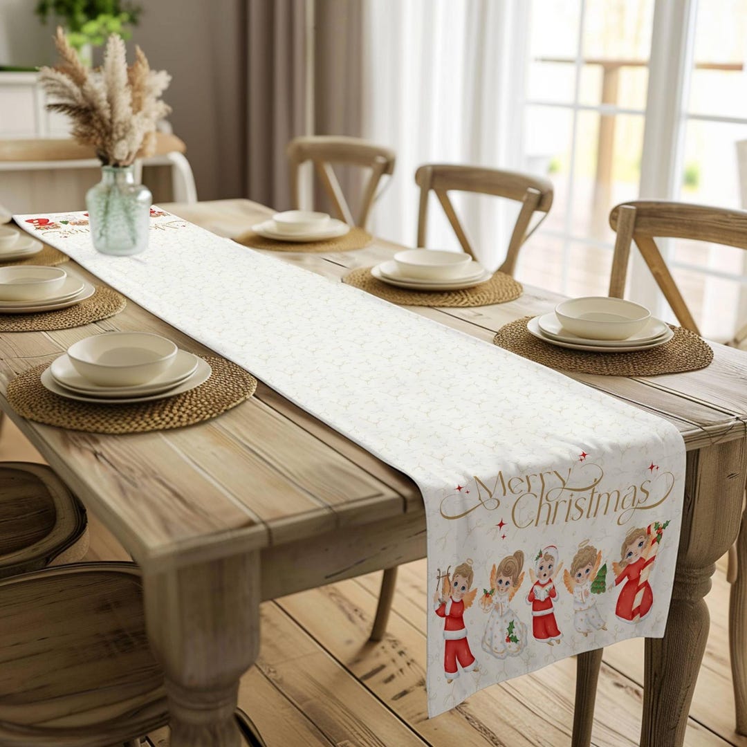 Little Angels Table Runner With Merry Christmas Red White and Gold ...