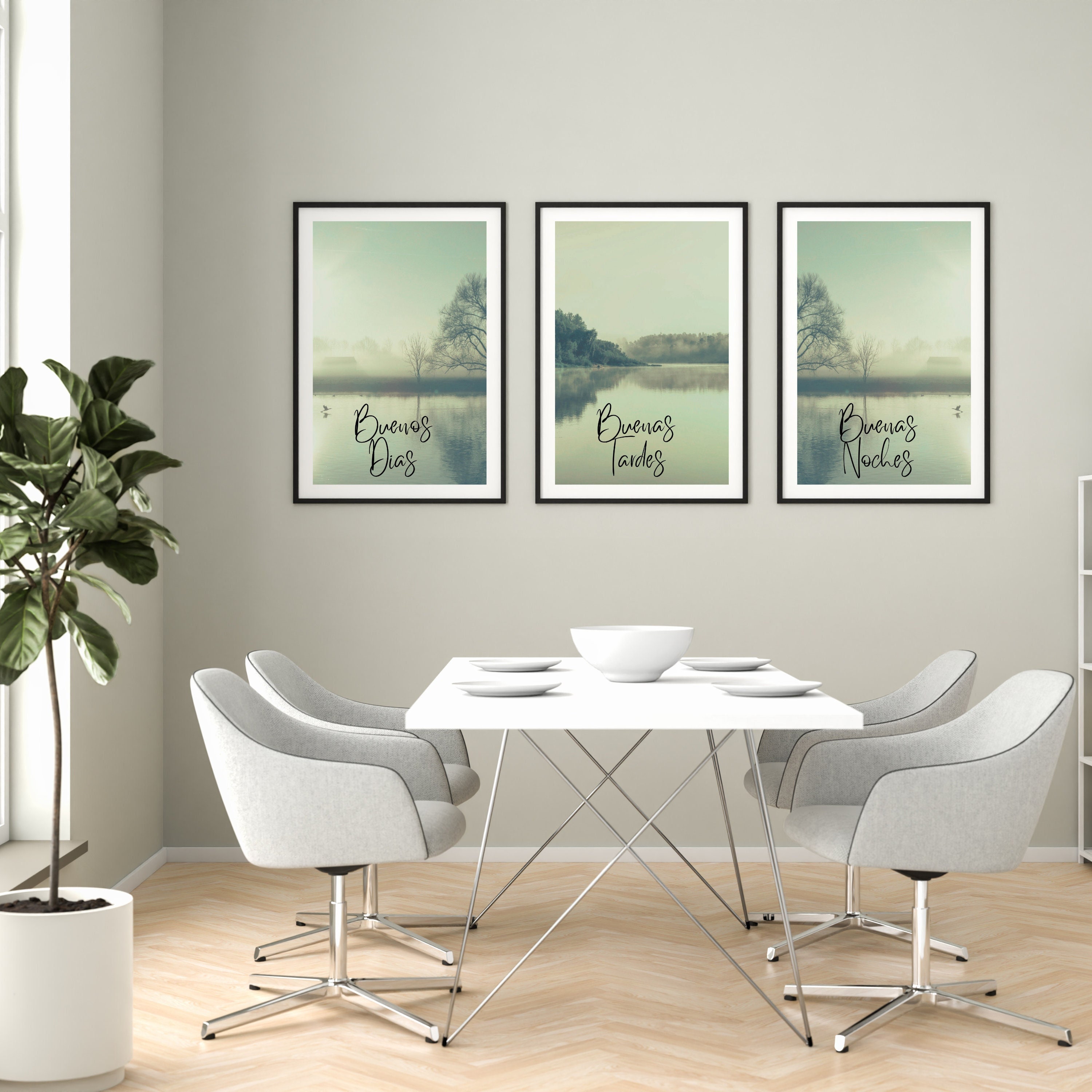 Spanish Greeting, Quote Art Set of 3, Wall Art Lakeside Trees, Spanish ...