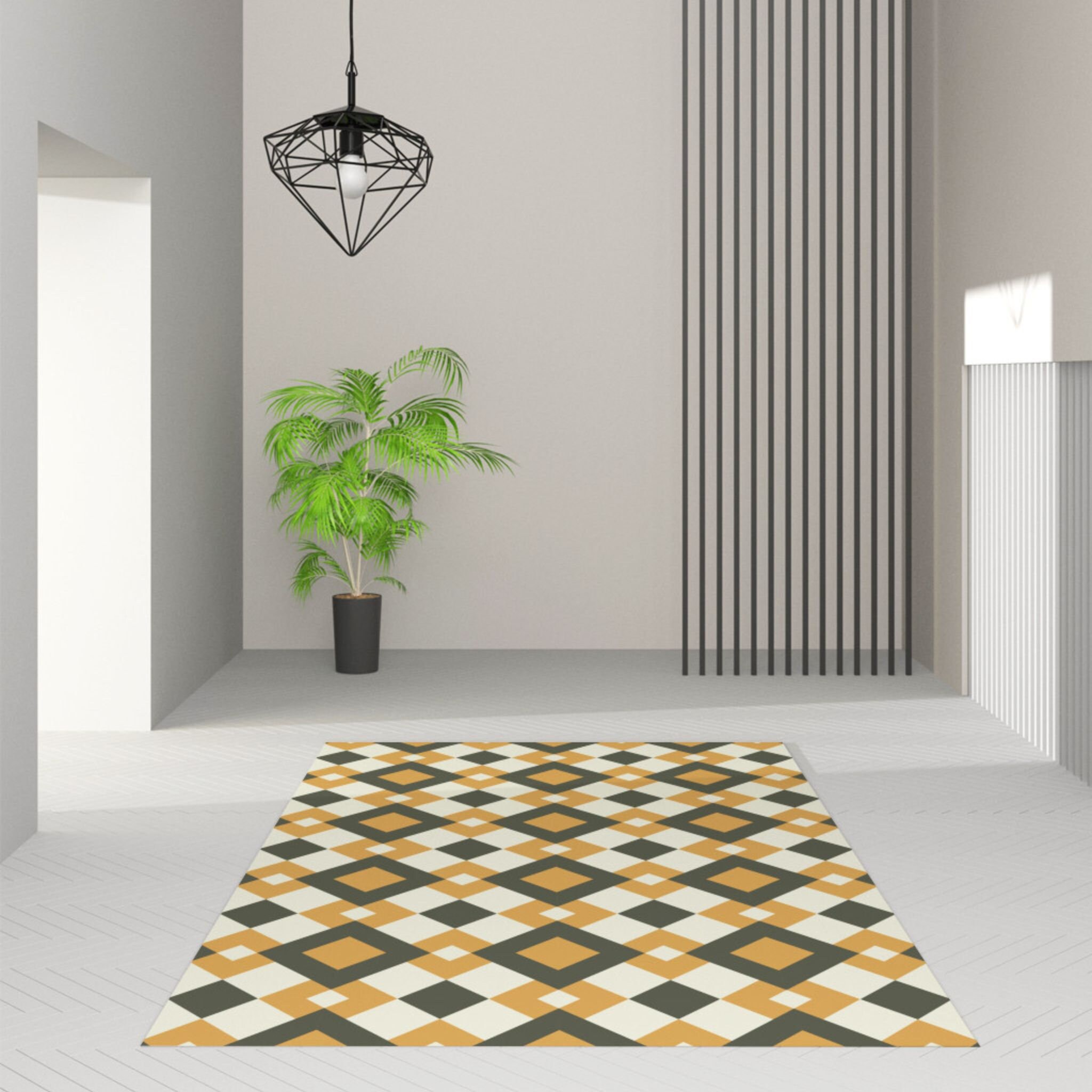 Retro Rhomb Area Rug, Green and Yellow Retro Rug, Modern Living Room ...