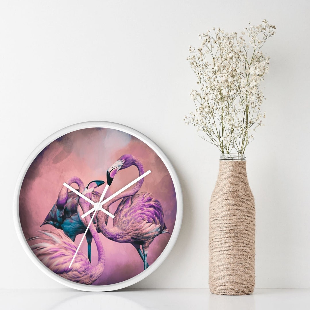 Glitzy Flamingos Wall Clock, Pink Flamingo Wall Clock Round Pink Home ...