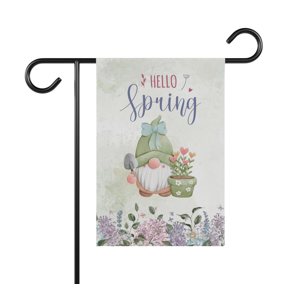 Spring Gnome Blossom House Flag or Garden Banner Hello Spring Gnome ...