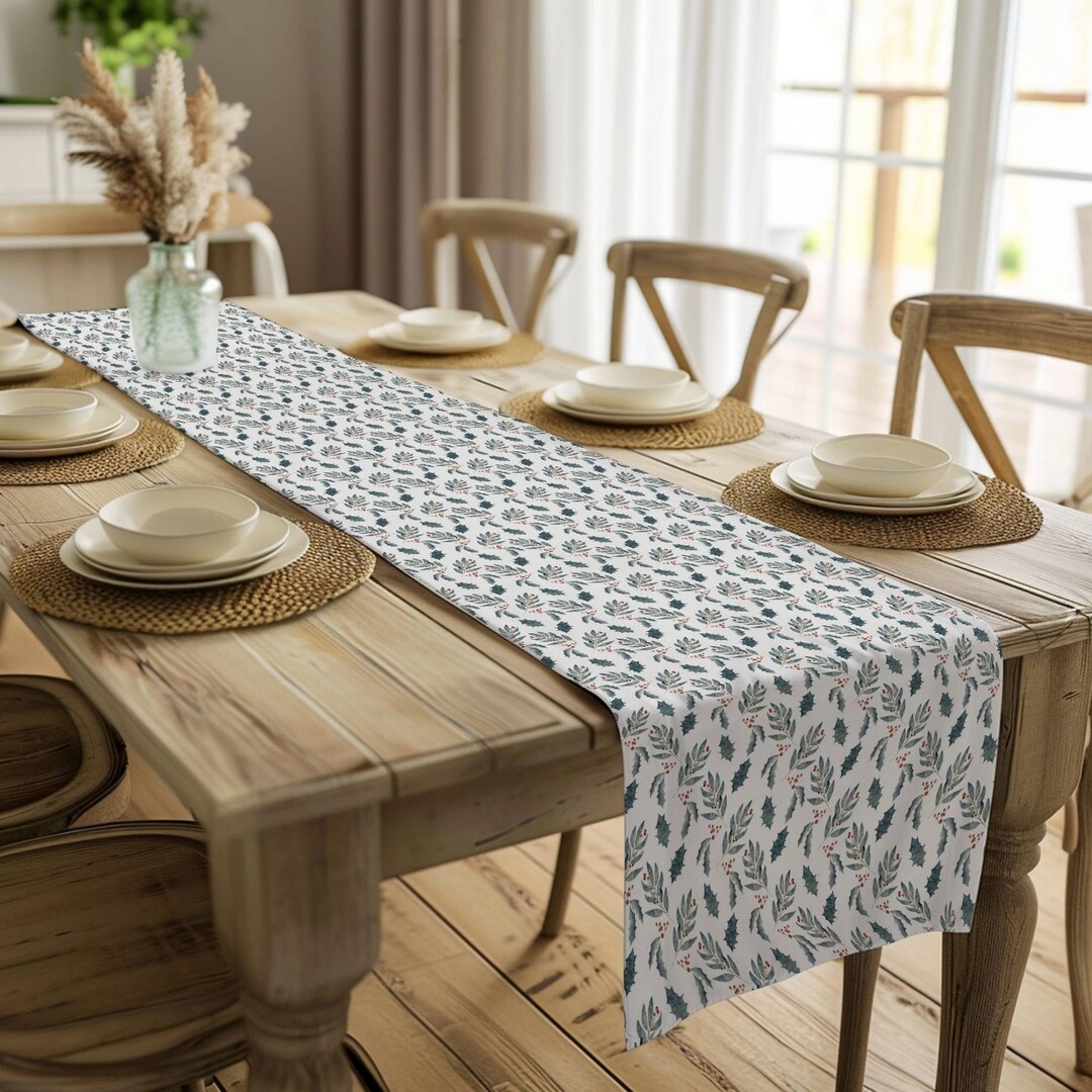 Leaves and Holly Table Runner Green Leaves and Red Holly Berries ...