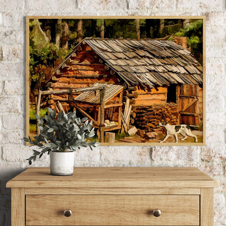 Woodland Shanty Framed Art Log Cabin in the Woods With Dog Wall Art ...