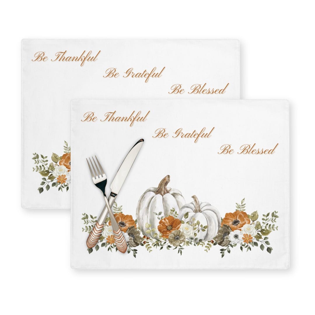 Thanksgiving Harvest Placemats Set of 2 White Pumpkins and Flowers Be ...