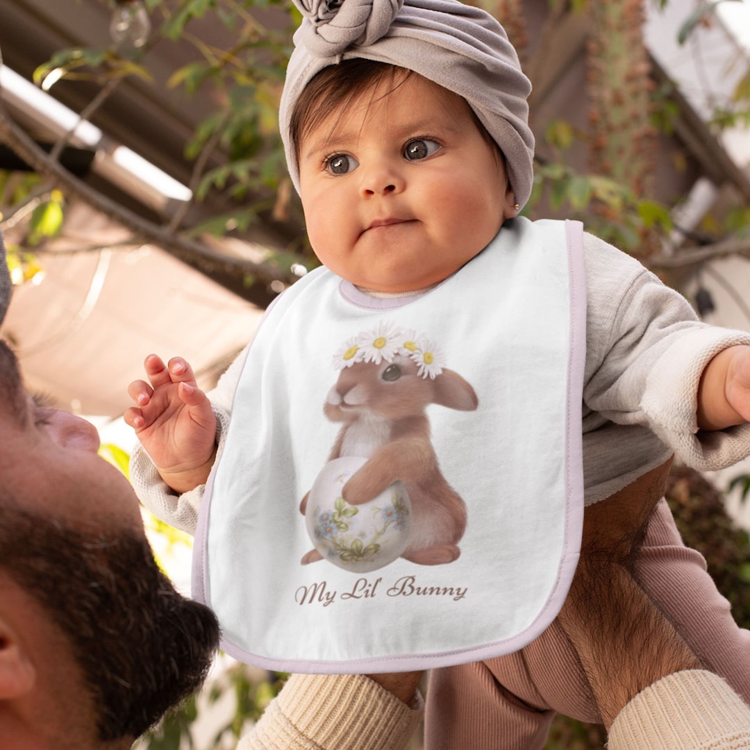 Wildflower Bunny Contrast Trim Jersey Bib, Cotton Baby Bib With Velcro ...