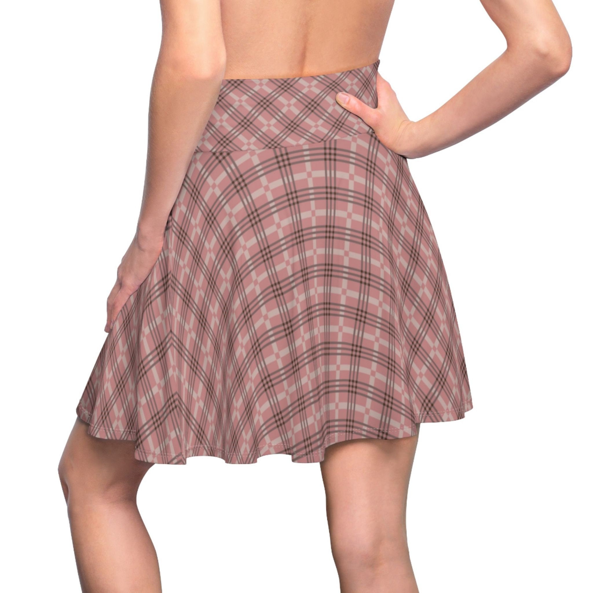 Womens Rose Gold Plaid Skater Skirt, Checkered Pink Brown Skirt ...