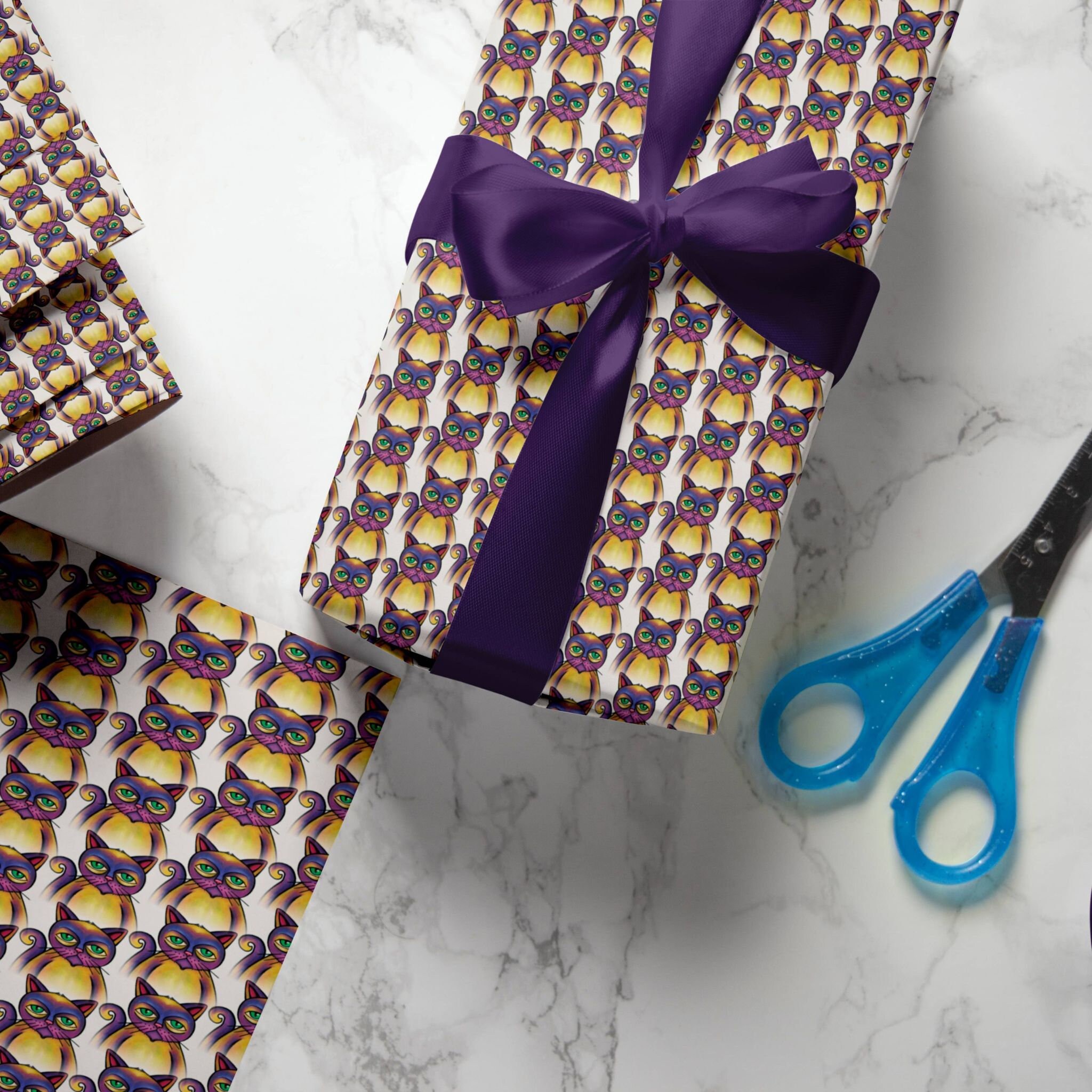 Purple Misfit Cats Wrapping Paper, Purple and Gold Animal Gift Wrap Cat ...