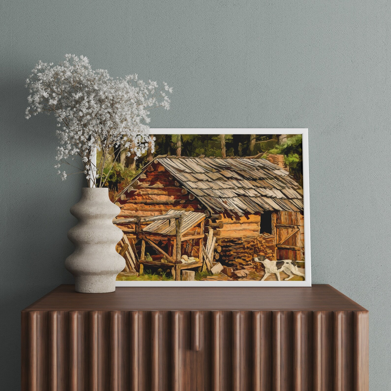 Woodland Shanty Framed Art Log Cabin in the Woods With Dog Wall Art ...