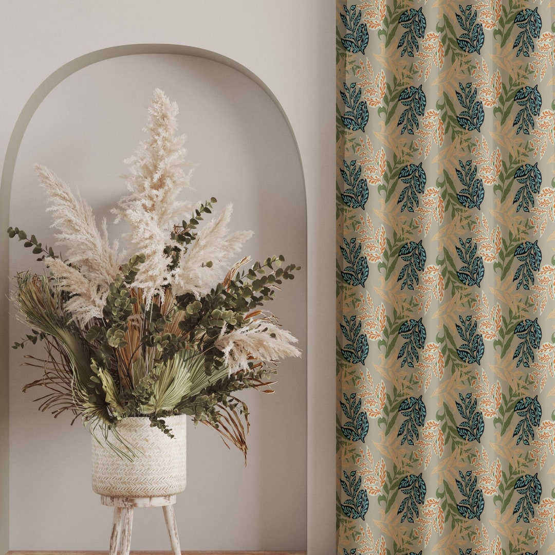 Leafy Relics Window Curtain, Botanical Window Curtain Tan Orange Blue ...