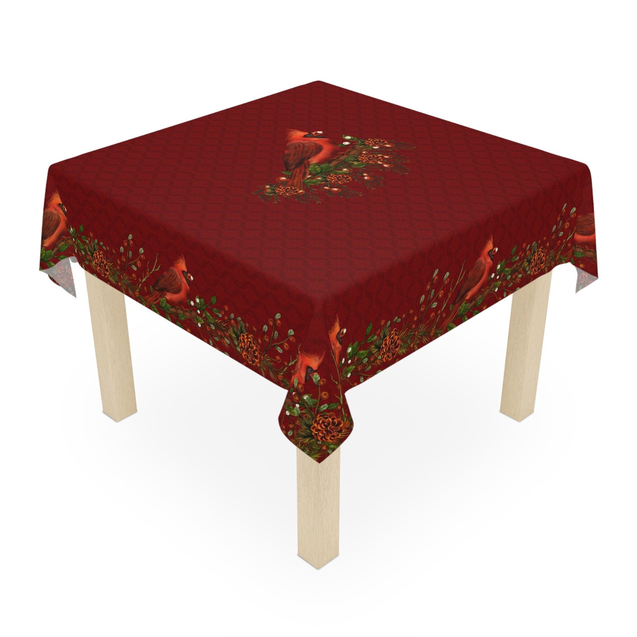 Red Bird Tablecloth, Lace Pattern Table Linens, Red Cardinal Tablecloth ...
