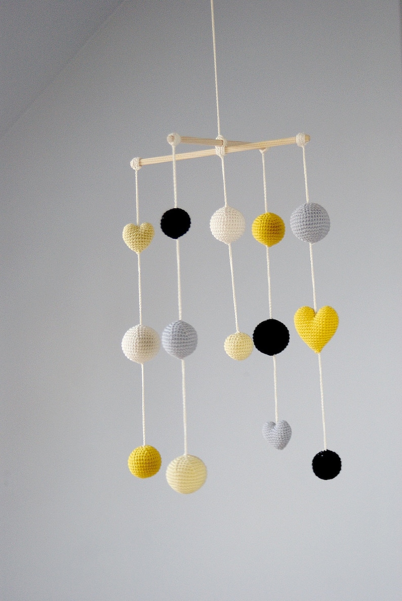 Crochet Balls/hearts Baby Mobile - Grey/yellow/black Ball's Mobile(5 ...