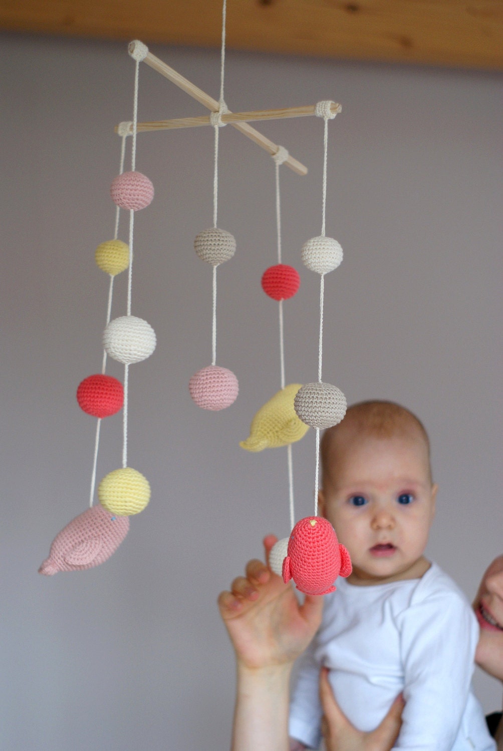 Birds Mobile - Crochet Birds Mobile - Coral/cloudy Pink/yellow/ivory ...