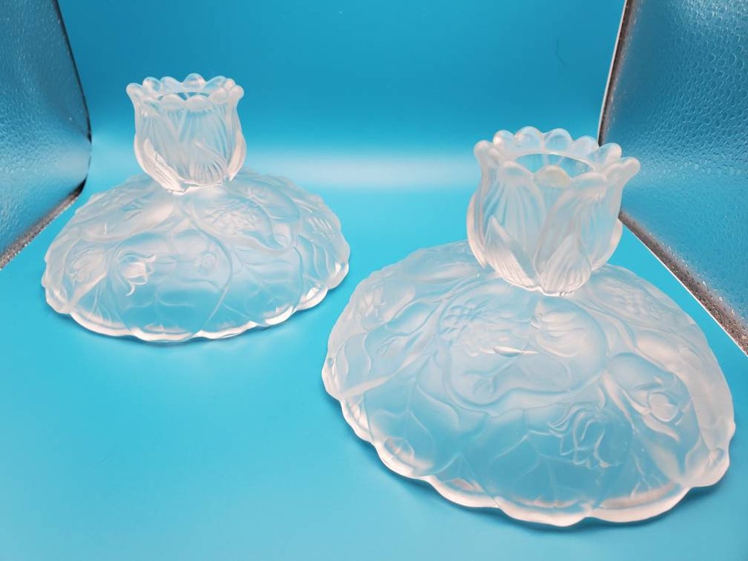 Vintage Frosted Glass Fenton Water Lily Pair of Candlesticks - Etsy