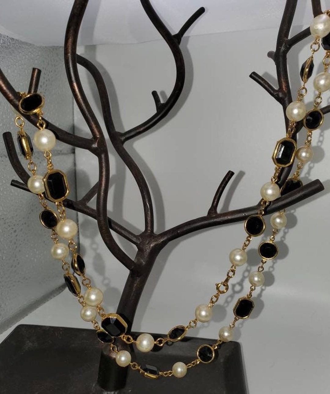Black and Gold Faux Pearl and Resin Rectangular Necklace - Etsy