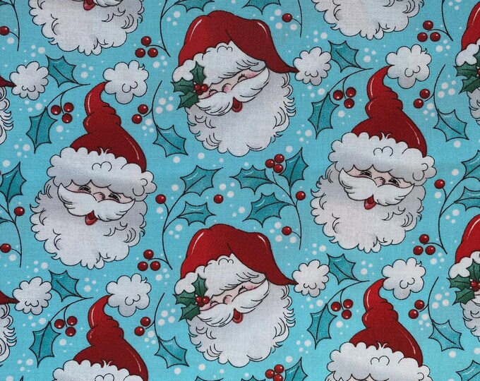 Happy Santa on Teal 100% Cotton Fabric by Laurie Campbell La-di-draw ...