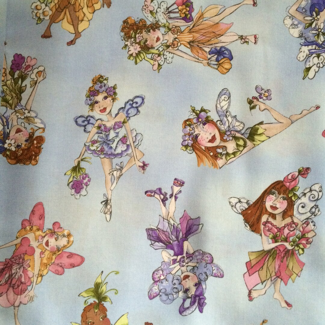 Loralie Designs Tossed Fairies on Blue 100% Cotton Fabric Remnant 28 ...