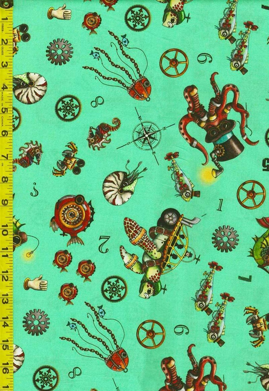 Aquatic Steampunkery Toss on Aqua 100% Cotton Fabric by Desiree Designs ...