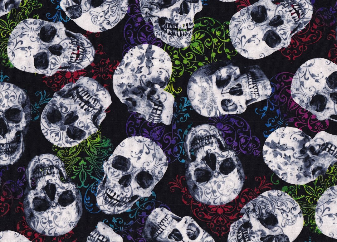 Skulls and Multi-colored Design on Black 100% Cotton Halloween Fabric ...