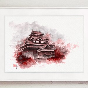 Watercolor Fine Art, Japanese Castle Painting, Black Brown Red Giclee ...