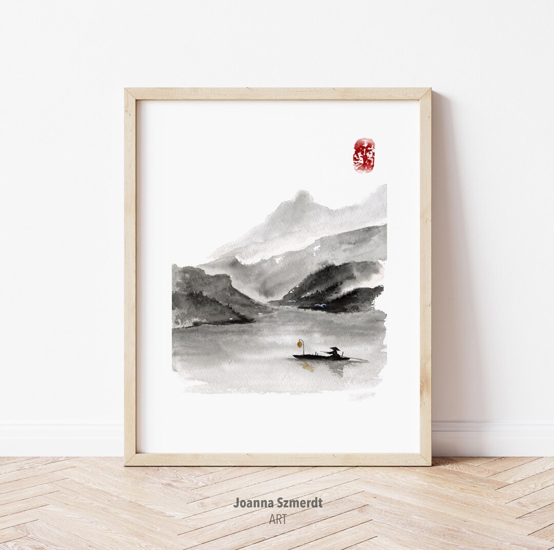 Sumi-e Landscape Art Print: Chinese Fisherman, Zen Ink Painting - Etsy